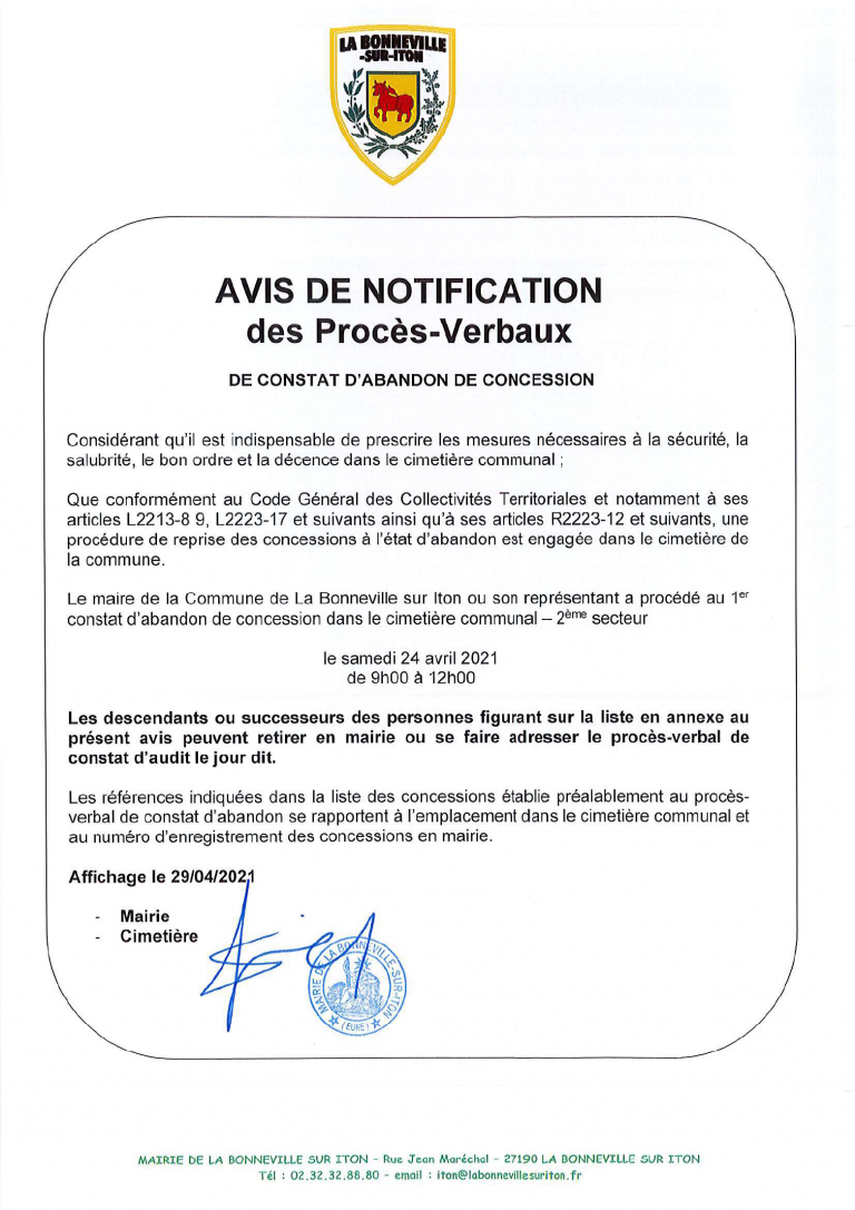 CIMETIÈRE – AVIS DE CONSTAT ABANDON DE CONCESSION | Site de la commune de La Bonneville-sur-Iton